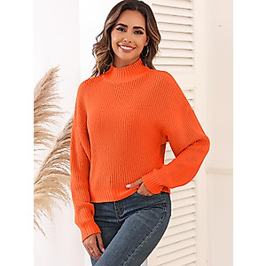 ZAFUL Women's Cropped Turtleneck Sweater Lantern Sleeve Ribbed Knit Pullover Sweater Jumper (1-Orange, M)