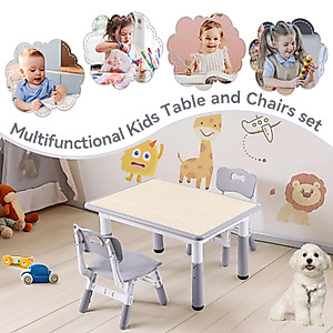 GITAWUSA Kids Study Table and Chairs Set, Height Adjustable Toddler Table and Chair Set for Kids Ages 3-8, 31.5" L x 23.6" W Graffiti Desktop Plastic Children Art Table with 2 Seats, Grey