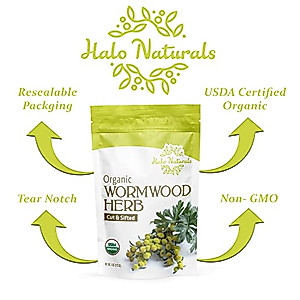 Halo Naturals Organic Wormwood Herb 4 oz Cut & Sifted (Artemisia absinthium) USDA Certified Organic Wormwood Tea | Non-GMO | Vegan| Resealable Pouch| Packaged in the USA (4 Ounces (Pack of 1))