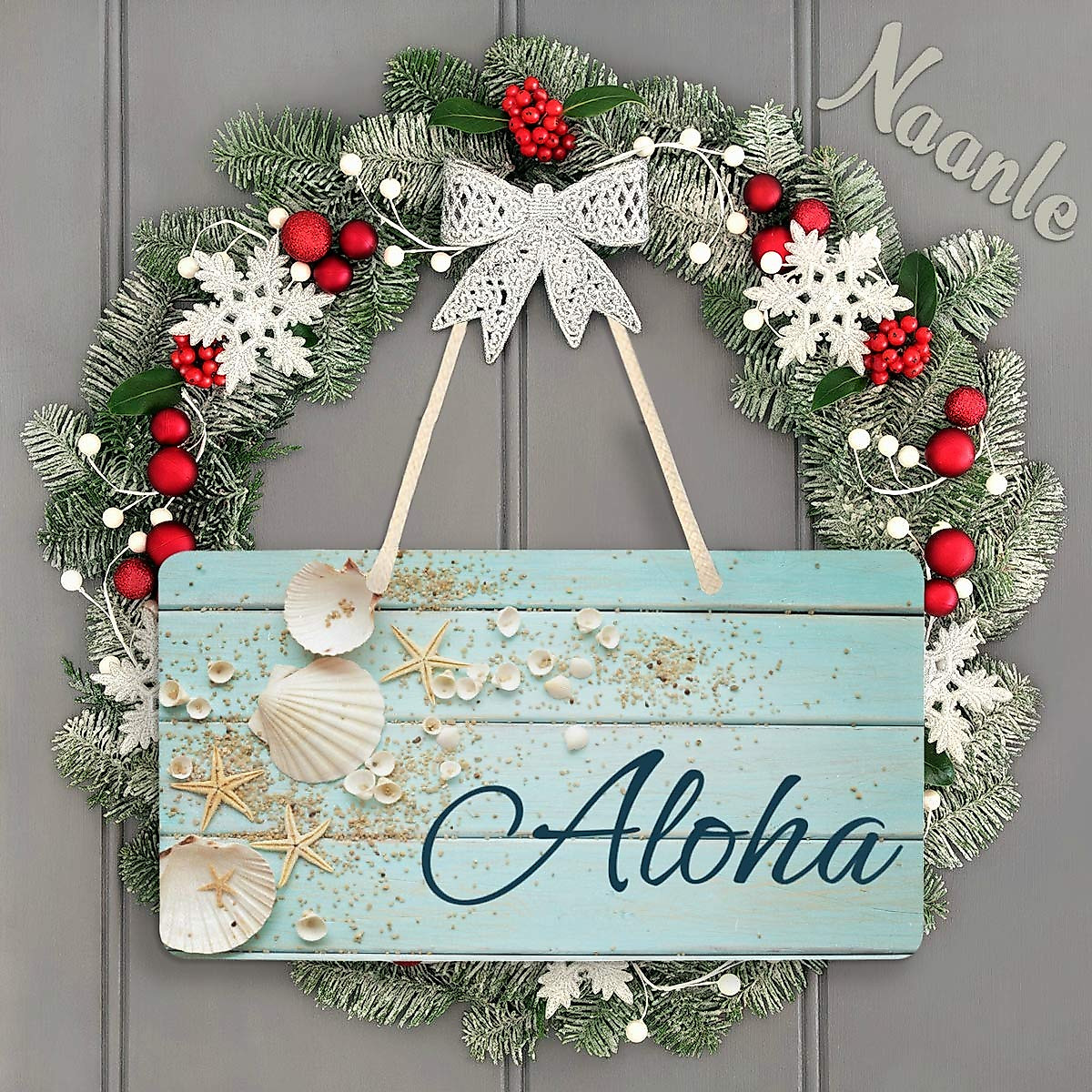 Naanle Aloha Door Sign Plaque with Rope, Wooden Seashell Hanging Sign Wall Art for Entrance Porch Front Home Garden Office Business Outdoor Decor 6 x 11 inches