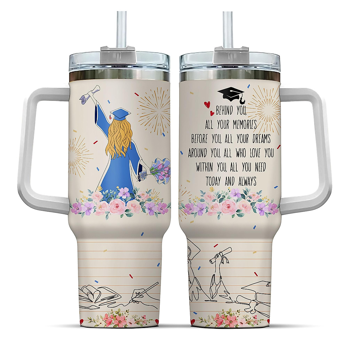 99OWL Graduation Gifts, Tumbler 40 Oz With Handle Lid And Straw, Congrats Graduation Memorial, Gold Royal Of Senior Handle Floral Heart Class Light Teal Flower Tumblers Rose Navy