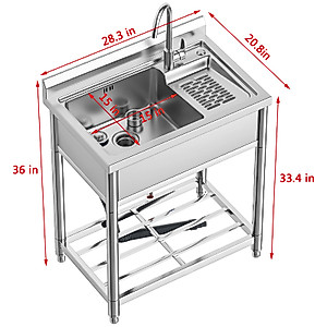 Stainless Steel Utility Sink, Free Standing Laundry Sink with Washboard, Laundry Tub Sink with Cold and Hot Water Faucet for Laundry Room Kitchen Garage Basement Shop Garden, Indoor and Outdoor Sink