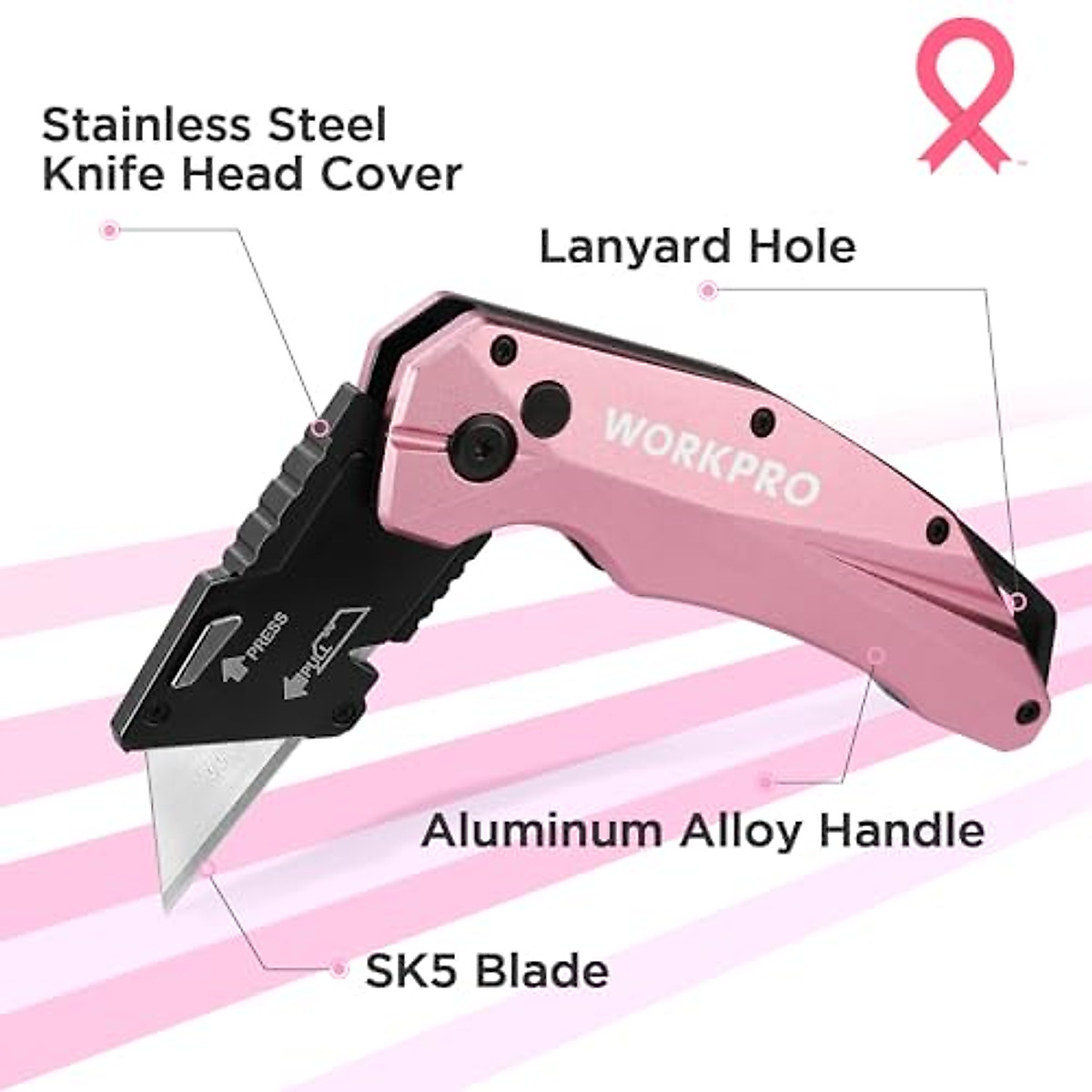 WORKPRO Folding Utility Knife, Quick Change SK5 Pink Box Cutter, Aluminum Handle Razor Knife for Boxes, Cartons, Cardboard, 10 Extra Blades Included - Pink Ribbon