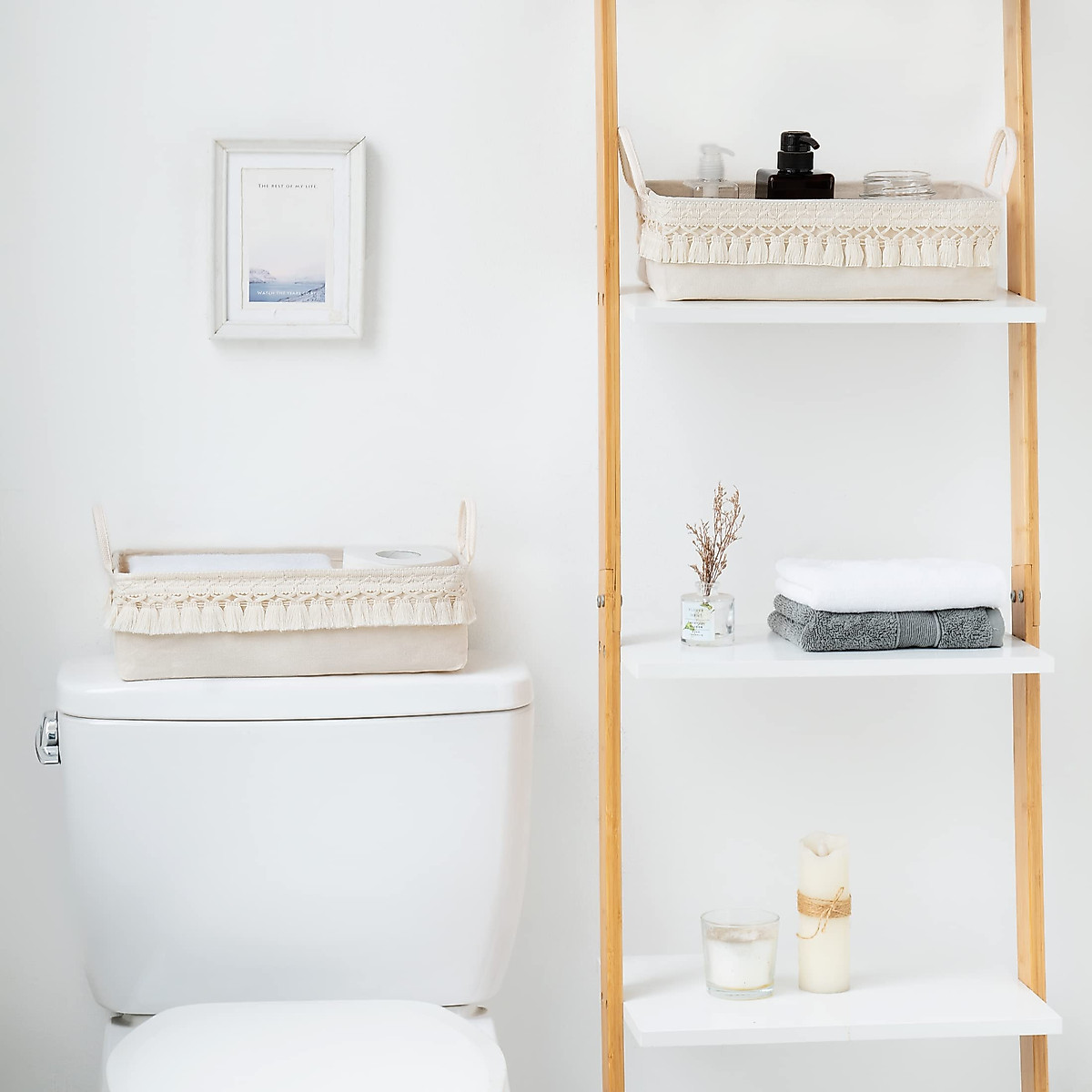 Mkono Macrame Magazine Rack and Boho Storage Baskets Organizer for Home Bedroom Living Room College Dorm Bed, Set of 3