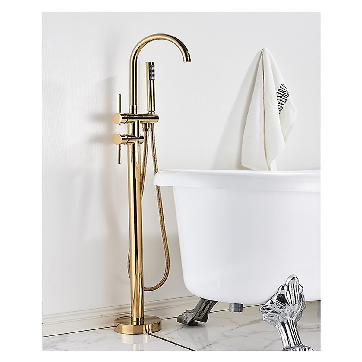 KXFXQTOT Bathtub shower set floor standing round with brass hand shower hot and cold faucet (Color : Polish gold B)