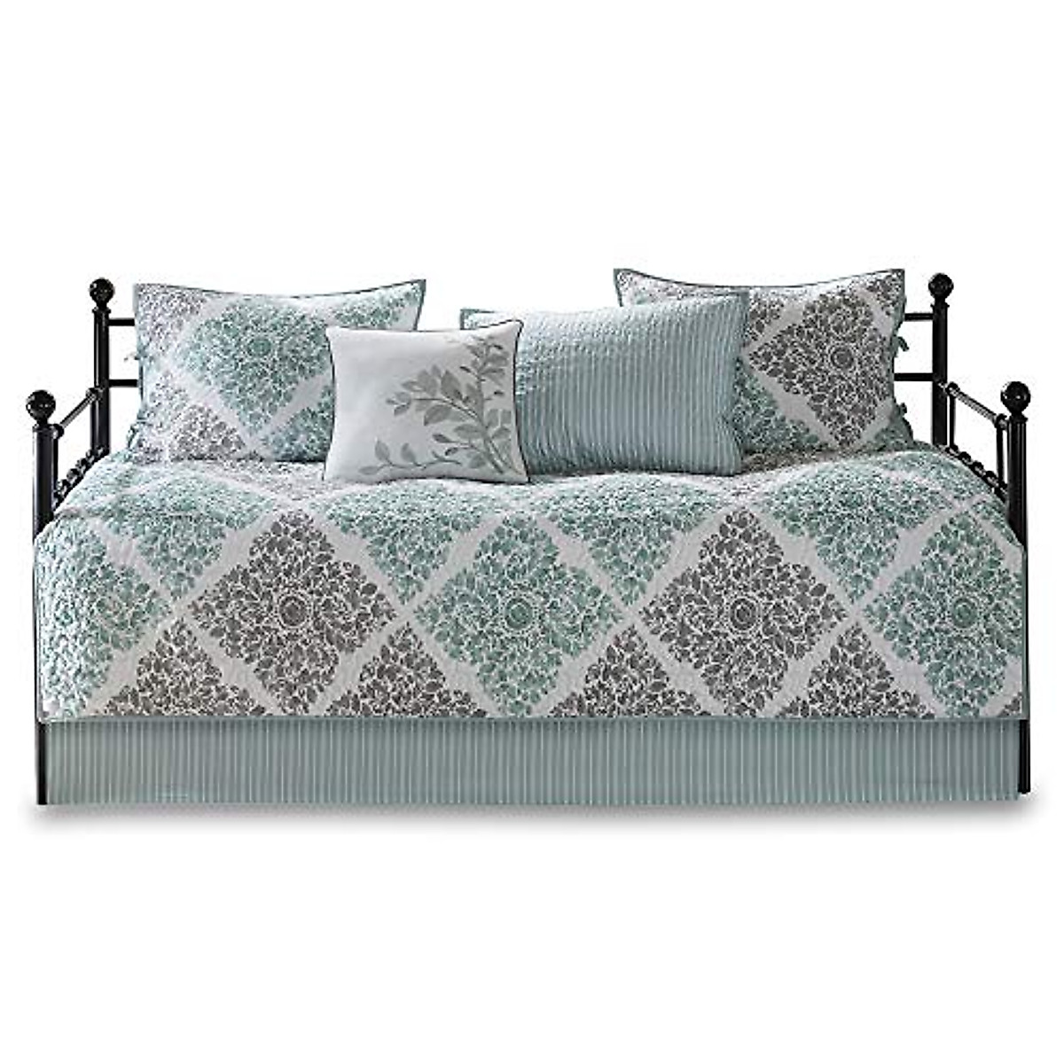 Madison Park Daybed Cover Set - Double Sided Quilting Casual Design, All Season Bedding with Bedskirt, Matching Shams, Decorative Pillow, 75"x39", Diamond Aqua 6 Piece