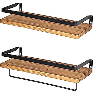 AIM & GGKK Floating Shelves with Towel Bar, Light Brown Wall Shelves for Bathroom/Living Room/Bedroom.(Set of 2)