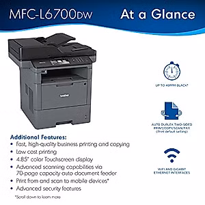 Brother Monochrome Laser Printer, Multifunction Printer, All-in-One Printer, MFC-L6700DW, Advanced Duplex, Wireless Networking Capacity, 70-Page ADF Capacity, Amazon Dash Replenishment Ready