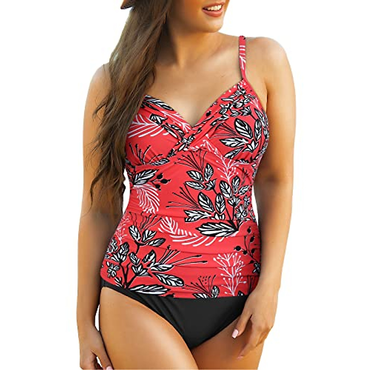 coastal rose Womens Swim Top Ruched Tummy Control Tankini Top Front Cross V Neck Bathing Suit Tops Only US14 Red Floral