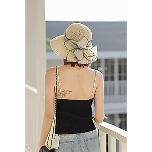 Women Kentucky Organza Derby Hat - Bridal Wedding Church Tea Party Wide Brim Summer Sun Cap Beige