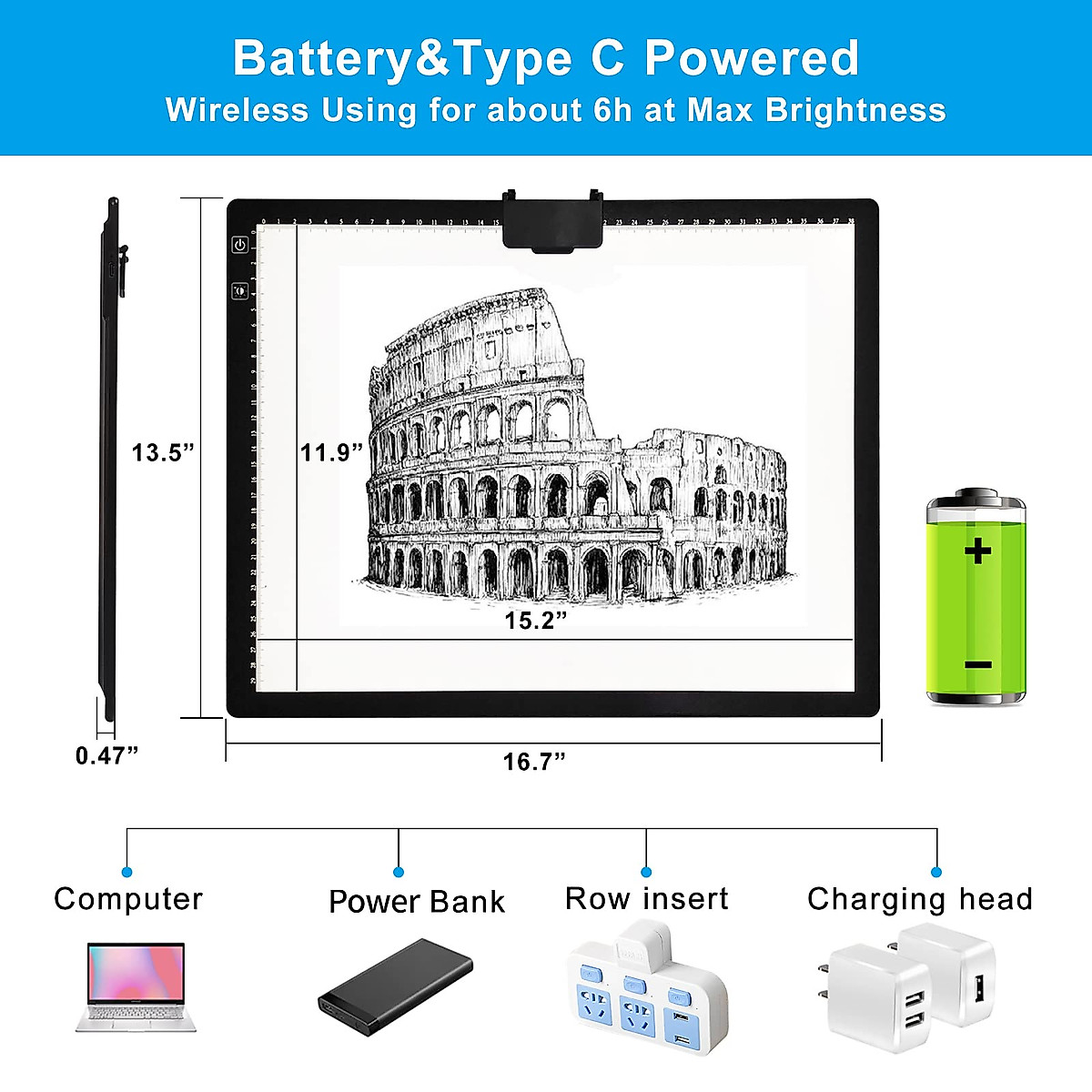 A3 Light Pad, TOHETO Wireless Battery Powered Light Box 3 Colors Stepless Dimmable and 6 Levels of Brightness Light Board for Tracing, Rechargeable LED Copy Board for Diamond Painting, Sketching