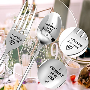 2 Pcs I Love You Engraved Spoon and Fork Set Valentine's Gifts for Boyfriend Girlfriend Couples I Love You Funny Fork Stainless Steel I Cerealsly Love You Cereal Spoon in Gift Box