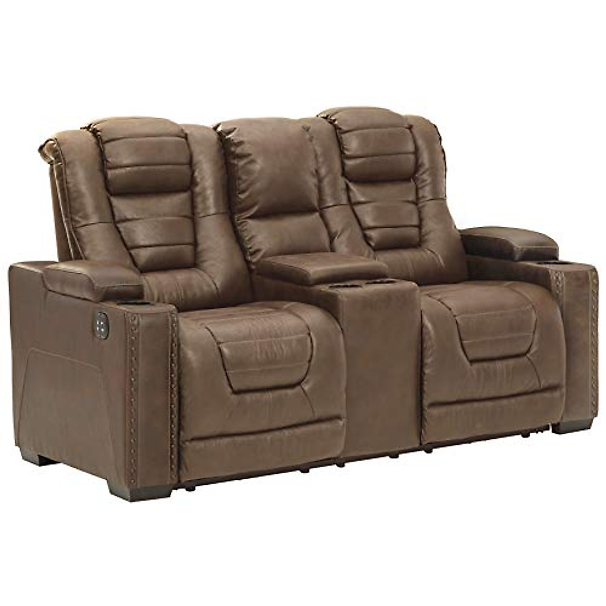 Signature Design by Ashley Owner's Box Faux Leather Power Reclining Loveseat with Center Console, Brown