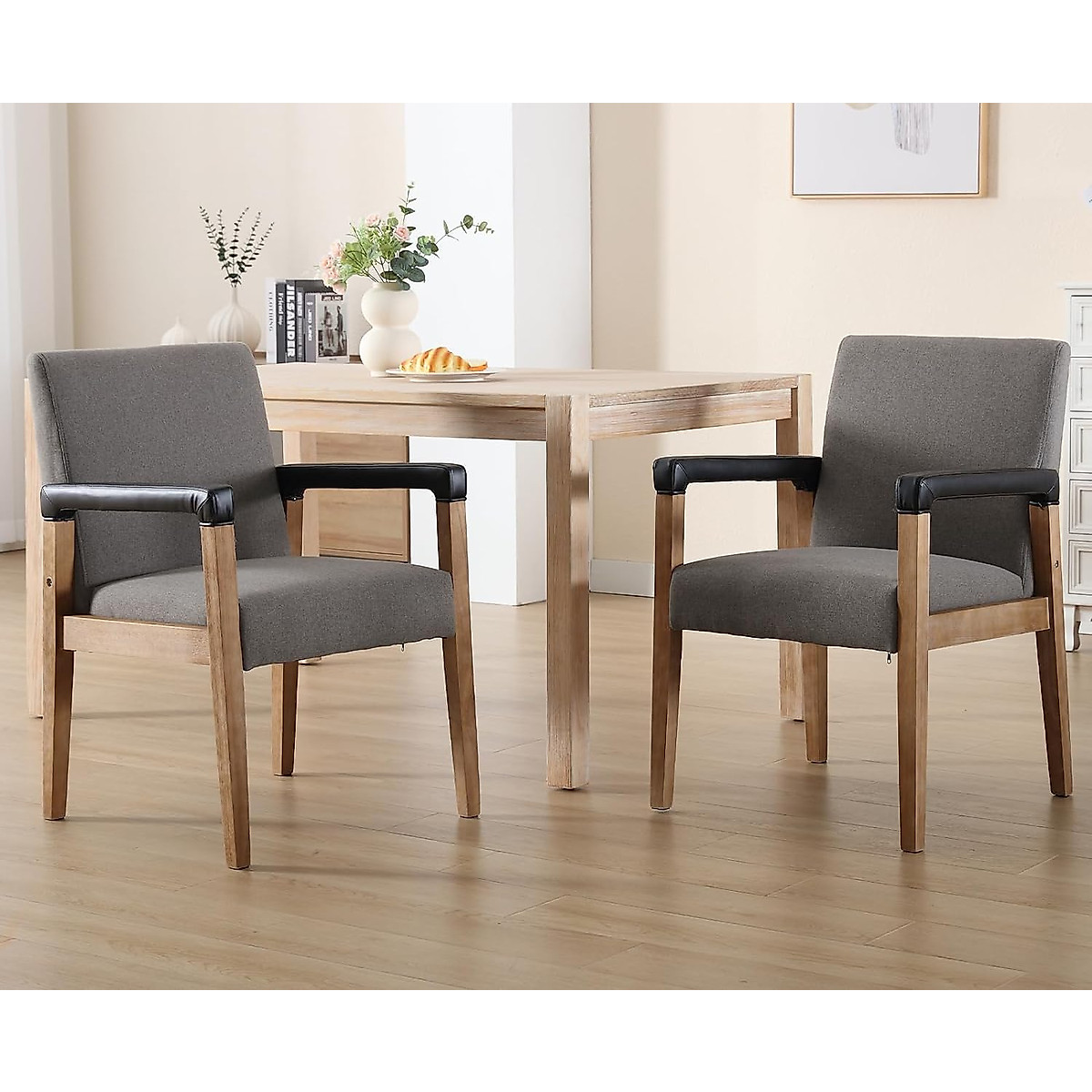 Kmax Modern Dining Chairs Set of 4 Linen Fabric Kitchen Arm Chairs Upholstered Accent Chairs with Wooden Legs for Dining Room, Living Room, Bedroom, Grey