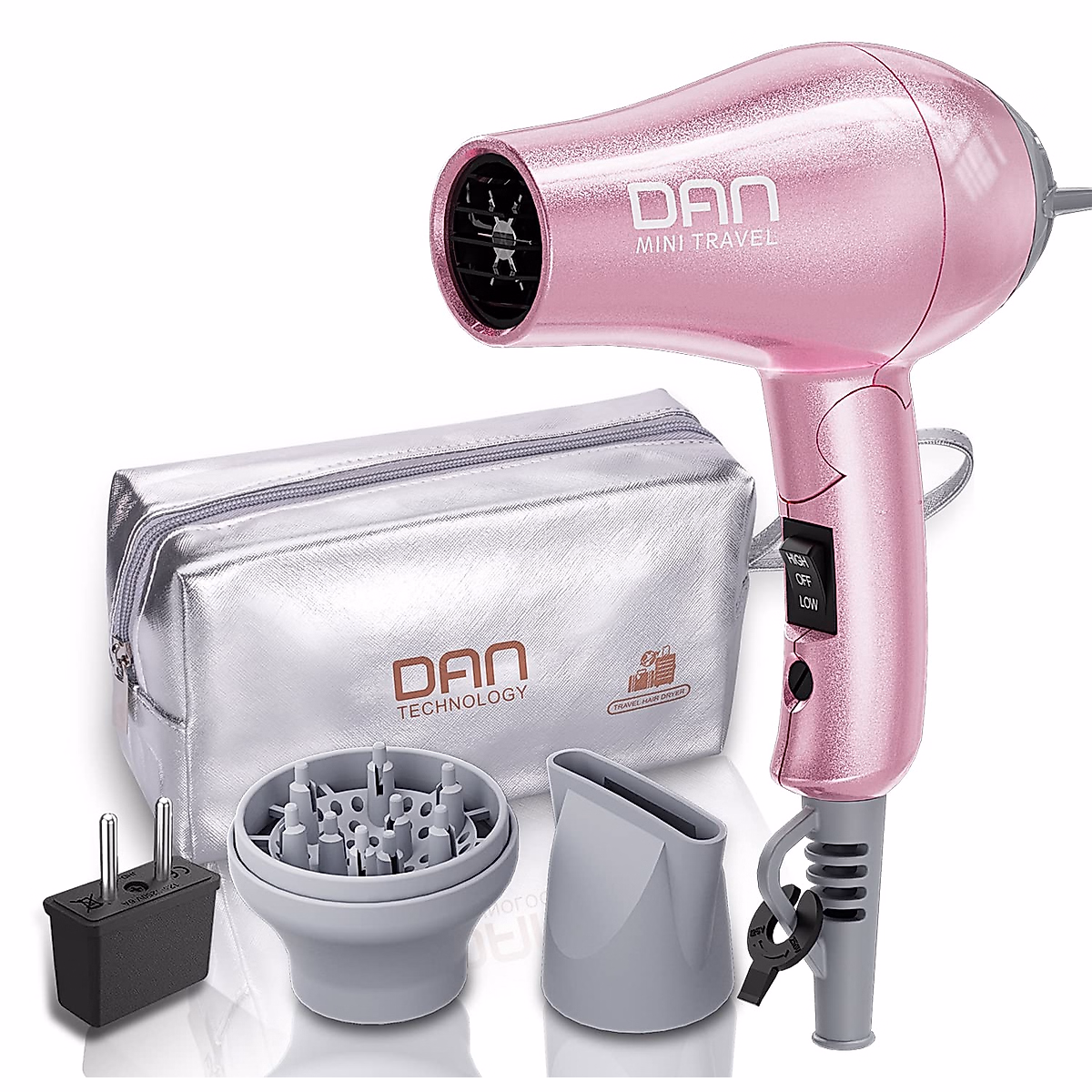DAN Technology Travel Dual Voltage Mini Blow Dryer with Concentrator,Small Hair Dryer with Diffuser,European Hair Dryer with European Plug,Pink Blow Dryer for Women