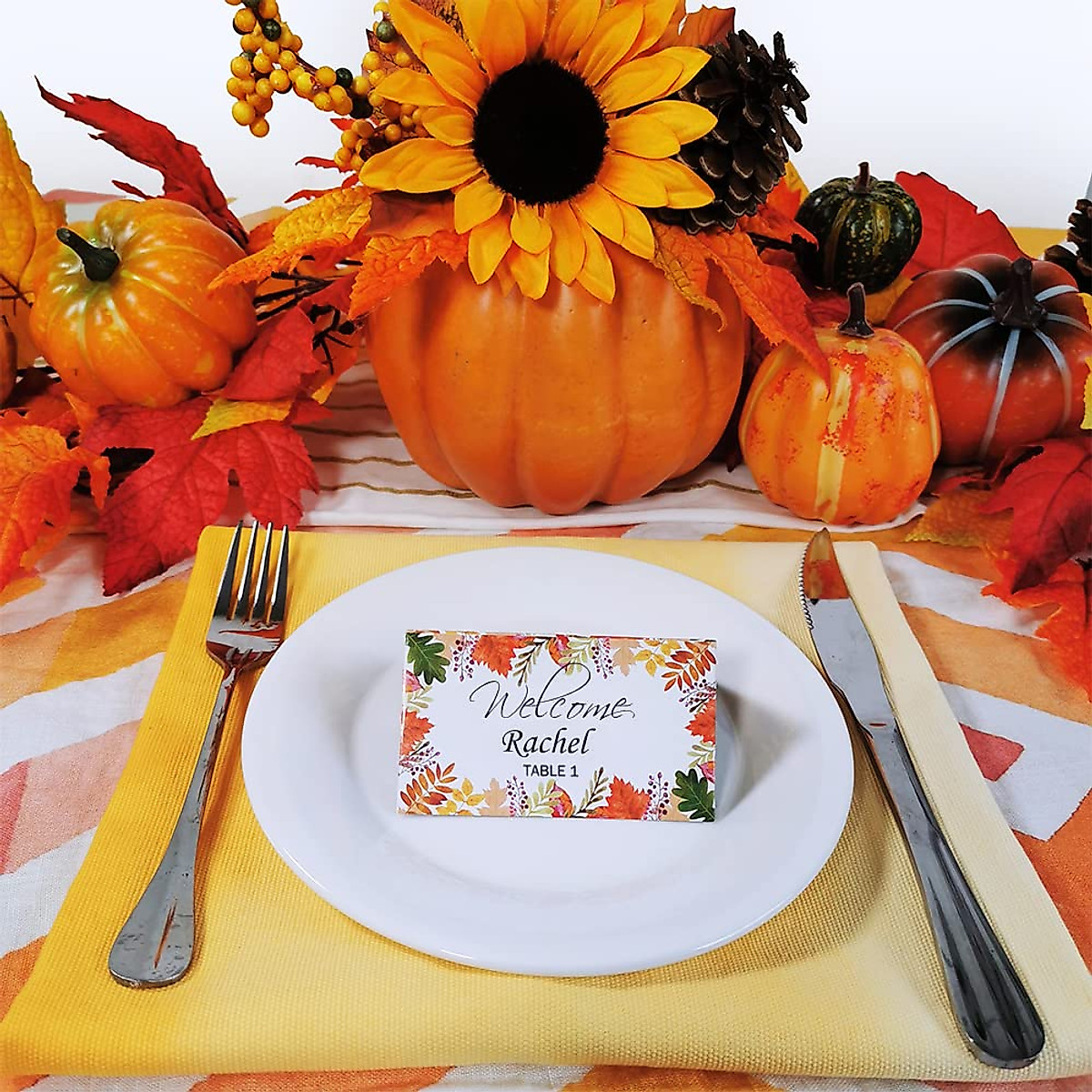 100 Pcs Autumn Thanksgiving Place Cards Fall Leave Escort Cards with Floral Leaf Prints Table Guest Seating Name Cards Number Cards Buffet Food Cards 3.5" x 2" for Harvest Party Table Setting