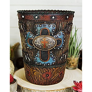 Ebros Gift Rustic Western Old World Country Blue Cross with Concho and Nailheads in Faux Distressed Wood Finish with Floral Patterns (Dry Waste Basket Trash Bin)