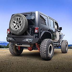 Nilight Rear Bumper & Spare Tire Rack & Hitch Receiver w/2 LED Lights Compatible for 2007-2018 Jeep Wrangler JK for 2007-2018 Jeep Wrangler JK & Unlimited