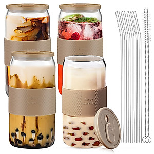 Vozoka Drinking Glasses with Silicone Lid and Glass Straws, 4 Set - 16oz Can Shaped Glass Cups, Beer Glasses, Iced Coffee Cups, Cute Tumbler Glass Cup for Whiskey Cocktail Coffee Gift