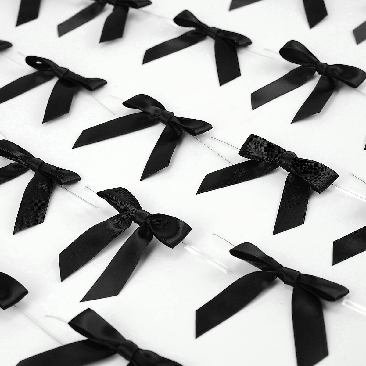 AIMUDI Black Bows for Gift Wrapping 2.5" Premade Black Twist Tie Bows for Crafts Pre-Tied Black Satin Ribbon Bows Small Gift Bows for Treat Bags Party Favors Wedding Decorations - 50 Counts