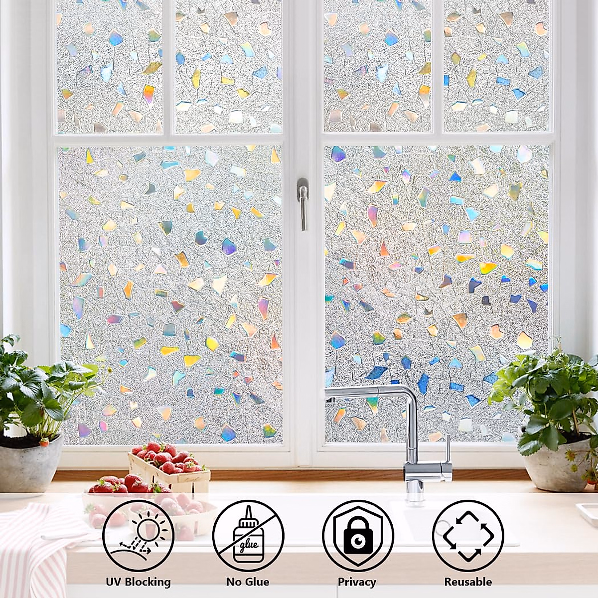 NINETREX Window Privacy Film,Stained Glass Window Film,Decorative 3D Vinyl Cling Window Decals, Static Cling Window Sticker Non-Adhesive for Home,Colorful Gravel,17.5 x 78.7Inches