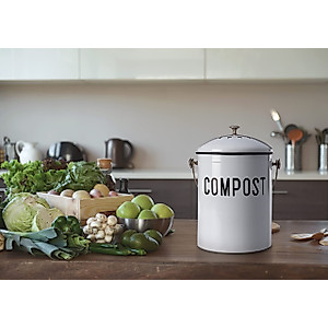 JRW Design White Kitchen Compost Bin Plus 2 Non-Smell Filters, 1.3 Gallon Farmhouse Bin for Countertop, Durable Bin Kitchen with Handle, Easy to Clean, Rust Proof Composting Bin, Compost Bucket