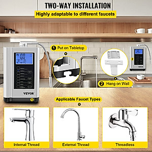 VEVOR Water Ionizer Machine, 7 Water Settings, Alkaline Acid Home Filtration System w/ 3.8" LCD Touch Panel, pH3.5-10.5 Kangen Water w/ 6000L Replaceable Filter, up to 1000PPM TDS & -500mV ORP, Silver