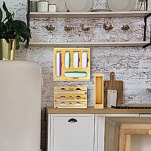 Alicenize 9 IN 1 Ziplock Bag Storage Organizer for Kitchen Drawer and Plastic Wrap Dispenser with Cutter | Bamboo Foil and Plastic Wrap Organizer | Compatible with a variety size of storage bags