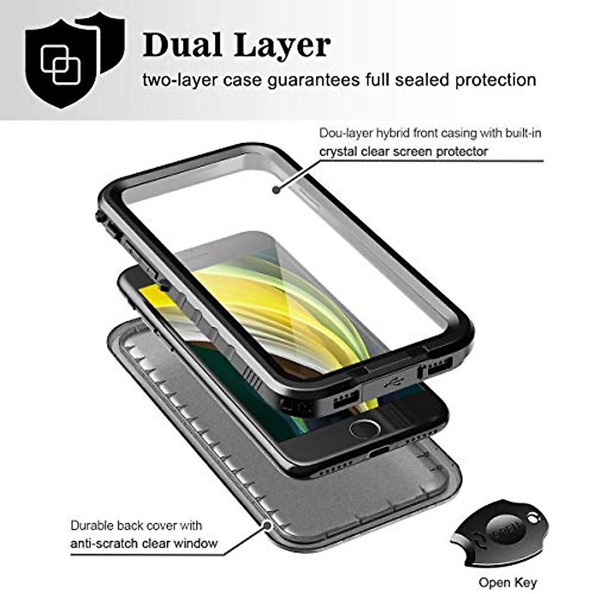 SPORTLINK Waterproof Case for iPhone SE 3rd 2022/iPhone SE 2nd 2020/iPhone 7/8 - Full Body Shockproof Dustproof Phone Screen Protector Rugged Waterproof Case for iPhone SE3/SE2/7/8 (Black)