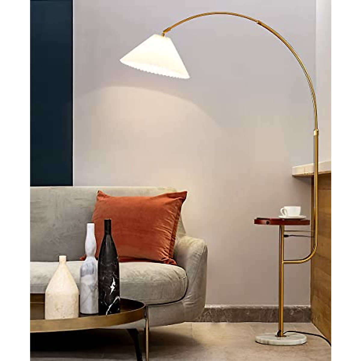 Floor Lamp with Table/Tray,Michideco Bedside Lamp with Double USB Ports and Charger,Great Reading Lamp for Bedroom, Living Room or Office(Gold,Long-arm)