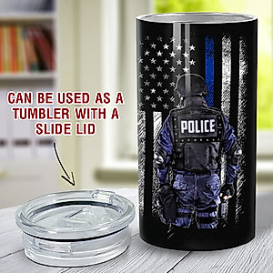 SANDJEST Police Tumbler American Policeman 4 in 1 16oz Tumbler Can Cooler Coozie Skinny Stainless Steel Tumbler Gift for Police Man Dad Father Boy Friends Retirement Birthday Party