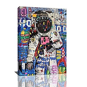 Banksy Astronaut Wall Art Pop Culture Graffiti Street Art Painting Pictures Wall Decor Framed Canvas Prints Modern Gifts for Man Artwork Home Decor for Bedroom Living Room Office 16"x24"