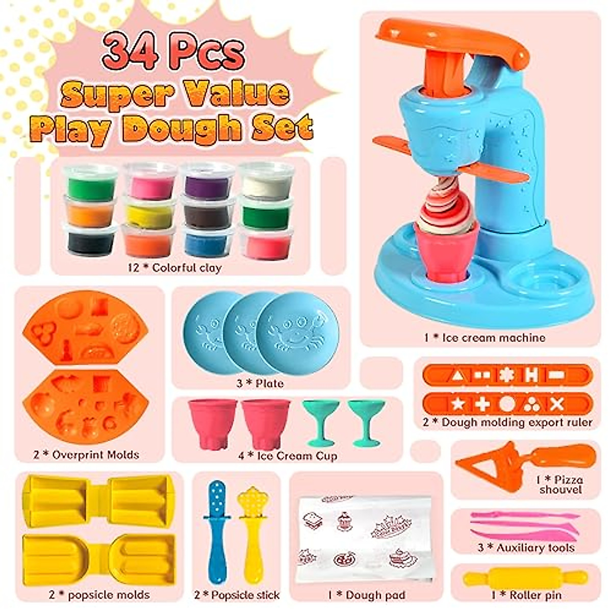 Play Dough for Kids, Dear Deer 34 Pcs Kids Ice Cream Maker Playdough Sets Ice Cream Maker Machine Play Dough Tools with 12 Clay Dough, 3 4 6 8 Years Old Boys and Girls Dough Birthday Gift