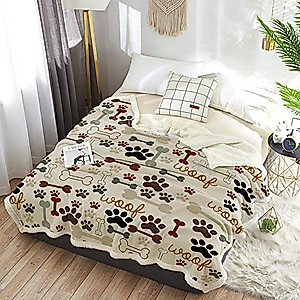 CHARMHOME Fluffy and Soft Plush Sherpa Fleece and Coral Reversible Blanket 59"x79",Cartoon Dog Footprints and Bones Throw Blanket for Children and Adult,Machine Washable Non-Shedding