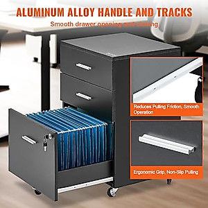 VEVOR File Cabinet, 3-Drawer Wood Filing Cabinet, Locking Office Cabinet for Letter/A4 Size, File Cabinet with 5 Wheels for Home Office, Black