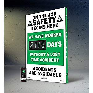 Accuform SCK115 Aluminum Digi-Day Electronic Scoreboard, "ON THE JOB SAFETY BEGINS HERE - WE HAVE WORKED #### DAYS WITHOUT A LOST TIME ACCIDENT - ACCIDENTS ARE AVOIDABLE"