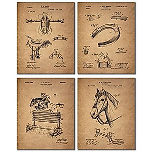 BigWig Prints Horse Riding Patent Prints - Equestrian Posters, Vintage Riding Pictures, Horse Artwork for Home, Rustic Wall Photos - Unframed Set of 4 (8x10)