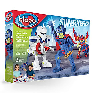 Bloco Toys Build Your Own Superhero | STEM Toy | Comics, Action Figures | DIY Building Construction Set (300 Pieces), Blue/Red/Yellow/
