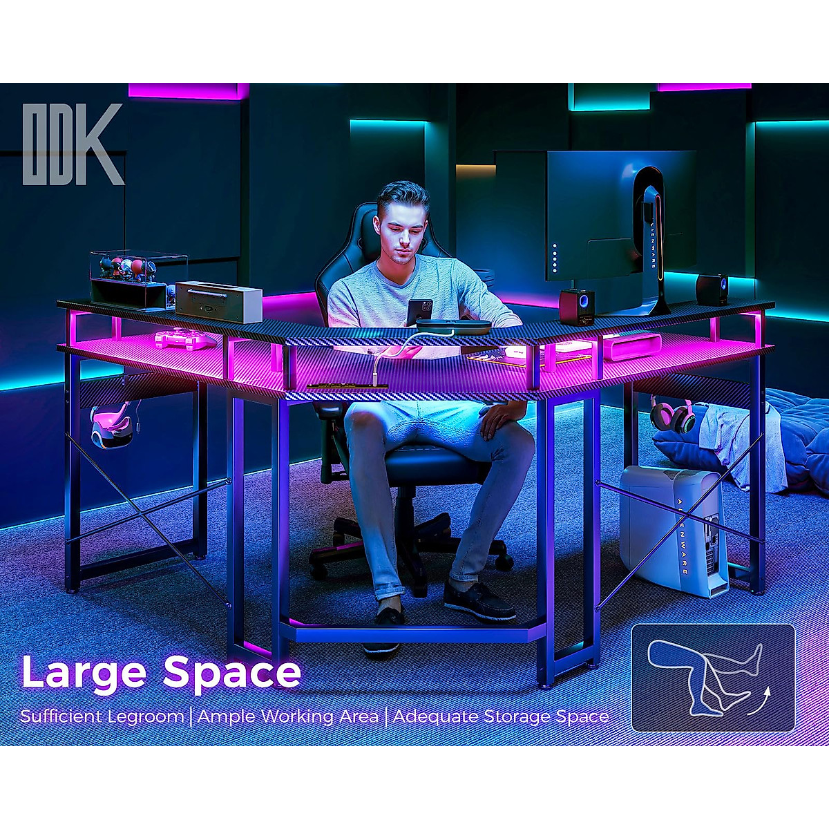 ODK L Shaped Gaming Desk with LED Lights & Power Outlets, 50.8" Computer Desk with Full Monitor Stand, Corner Desk with Cup Holder, Gaming Table with Hooks, Black Carbon Fiber