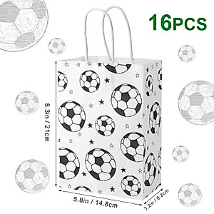 16pcs Soccer Party Favor Paper Bags, White Football Gift Bag Football Themed Party Bags with Handles Soccer Goodie Bags Treat Candy Bags for Kids Adults Soccer Party Supplies