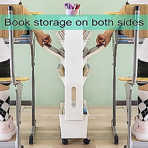 5 Tier Mobile Bookshelf, Removable Movable Unique Bookcase, Utility Organizer White Bookshelves with Wheels for Kids Children Students Study at Home School Bedroom Living Room