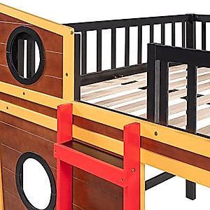 Harper & Bright Designs Full Size Loft Bed with Underbed Storage Space, Boat Shaped Kids Loft Bed with Safety Guardrails and Ladders, Wood Low Loft Bed for Kids Teens Boys & Girls (Full, Walnut)