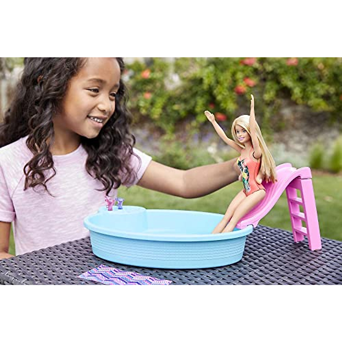 Barbie Doll and Pool Playset with Pink Slide, Beverage Accessories and Towel, Blonde Doll in Tropical Swimsuit