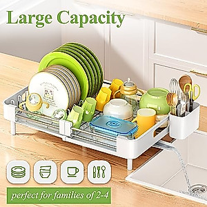 Kitchen Counter Dish Drainers Rack, Auto-Drain Expandable(13.2"-19.7") Stainless Steel Large Strainers Over Sink Drying Rack Drainboard with Utensil Holder Caddy Organizer, White