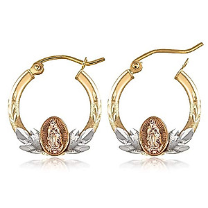 14k Gold Hoop Earrings Virgin Mary for Women – Nice Tri Color Unique Mother Jewelry Gift - Yellow White Rose Hoops - Hermoso Aretes De Mujer Oro (25)