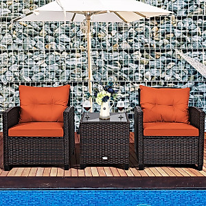 RELAX4LIFE 3 Piece Patio Furniture Set, Wicker Bistro Conversation Set w/2 Cushioned Armchairs & Glass Topped Table, Outdoor Rattan Sofa Set Patio Furniture for Porch Balcony Poolside (Orange)