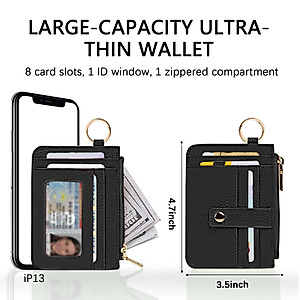 Sunpour Slim Wallet for Women, Rfid Card Holder Wallet Key Chain Wallet Wristlet Genuine Leather Card Wallet with Zipper Pocket