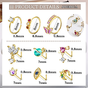JOERICA 9PCS 20G Nose Rings for Women Nose Studs Stainless Steel Nose Ring Hoops Dangle Nose Rings Set L Shaped Butterfly Nose Ring
