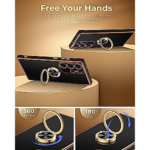 Miss Arts for Samsung Galaxy S23 Ultra Case, Ring Holder Stand Luxury Bling Electroplated Phone Case with Strap, Cute Soft TPU Samsung S23 Ultra Cover for Women Girls, Black