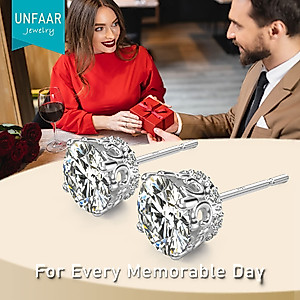 UNFAAR 18K White Gold Plated Sterling Silver Brilliant Round Cut Cubic Zirconia Stud Earrings Simulated Diamond Stud Earrings for Women Men Hypoallergenic (White Gold)